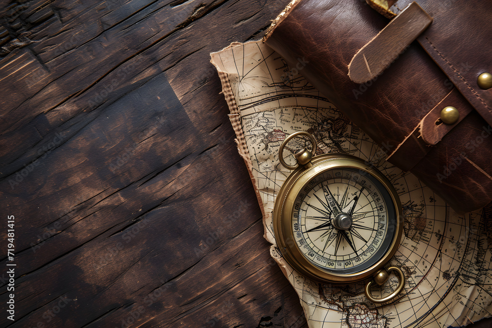 Vintage Navigational Tools Flat Lay, Classic Compass and Map, Old World ...