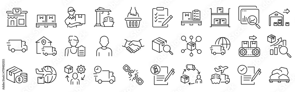 Vetor de supply chain line web icons. Value chain, logistic, delivery ...