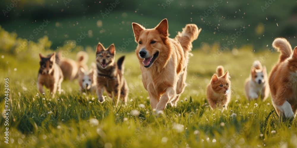 Dogs running together across a vibrant green field. Perfect for ...