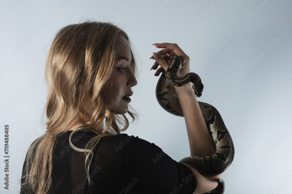 Snake python shooting on blond young woman with light effekts Stock ...