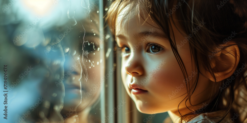Introspective young girl looking through a rain-streaked window, her ...