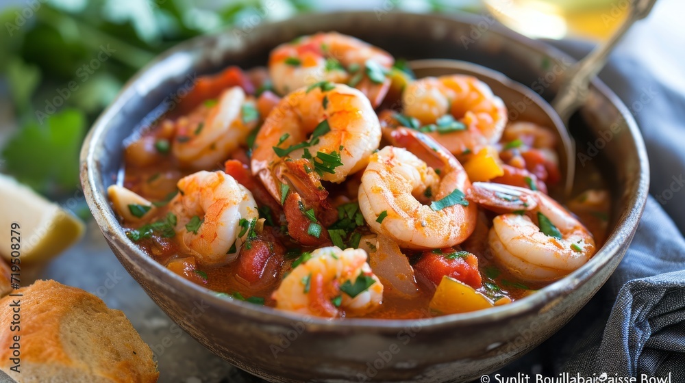 Thick tomato Bouillabaisse soup with shrimp, mussels and fish fillets ...