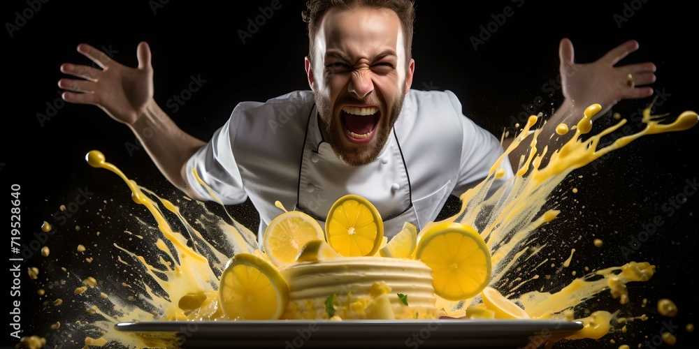 Excited chef surprised by splashing lemonade. culinary disaster concept ...