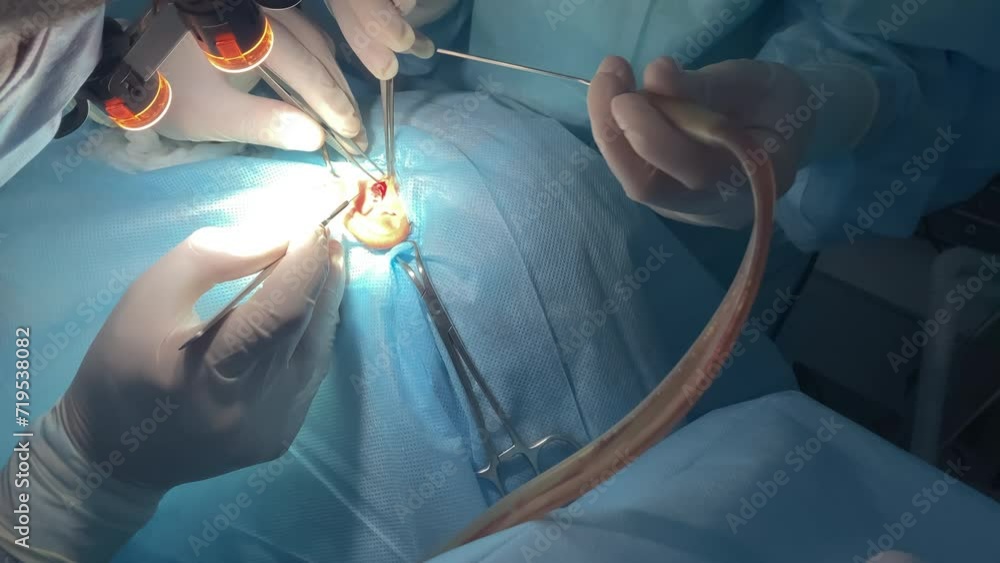 Surgery operation. Close up of surgery hands take off wadding tampon in ...