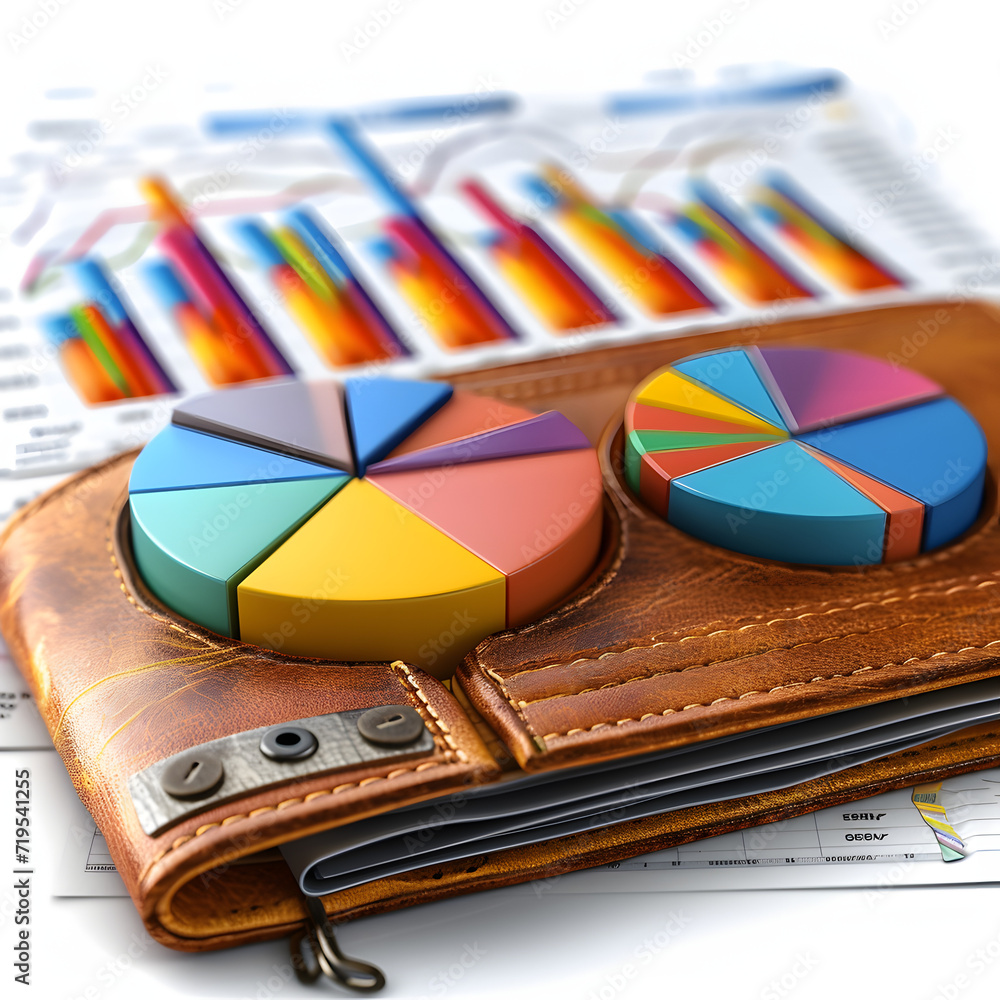 Stylized bar graph and pie charts growing out of a wallet isolated on ...