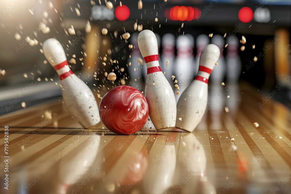 Bowling Ball crashing into the pins on bowling alley line. Stock Photo ...