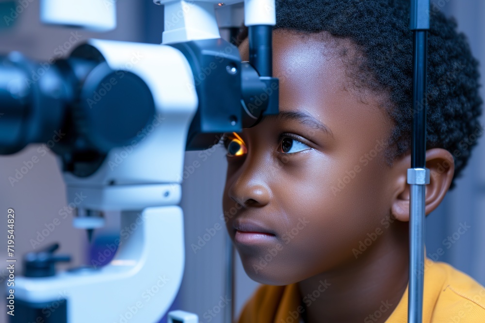 Portrait of a black child undergoing a careful vision assessment ...