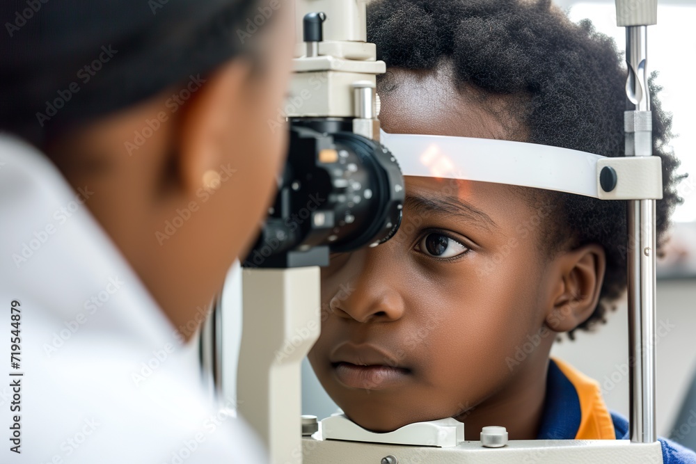 Portrait of a black child undergoing a careful vision assessment ...