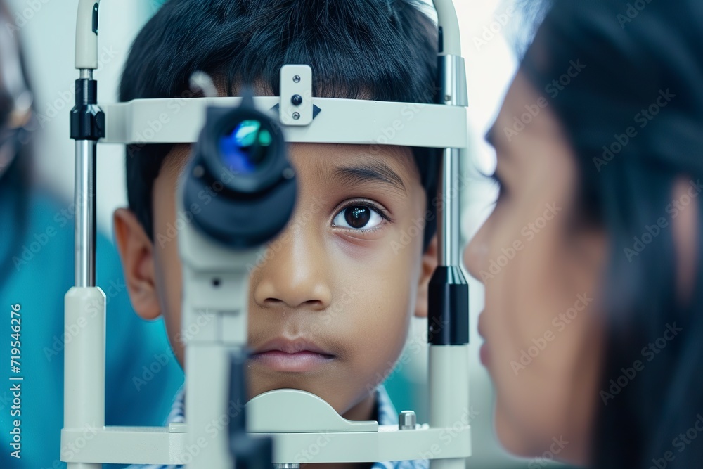 Portrait of an Asian child undergoing a careful vision assessment ...