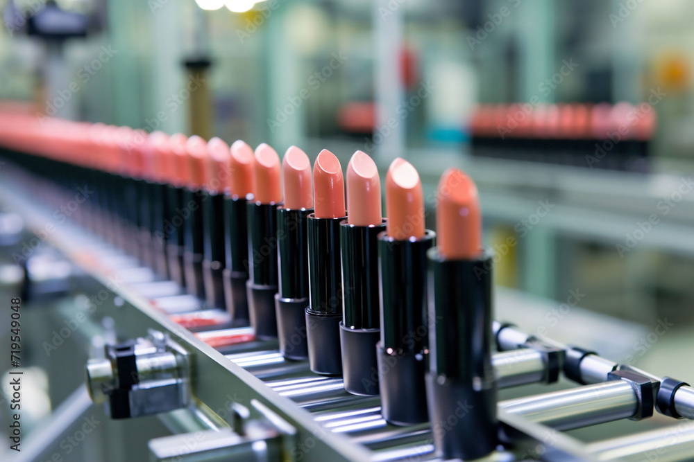 A lineup of peach fuzz color lipsticks on an automated production line ...