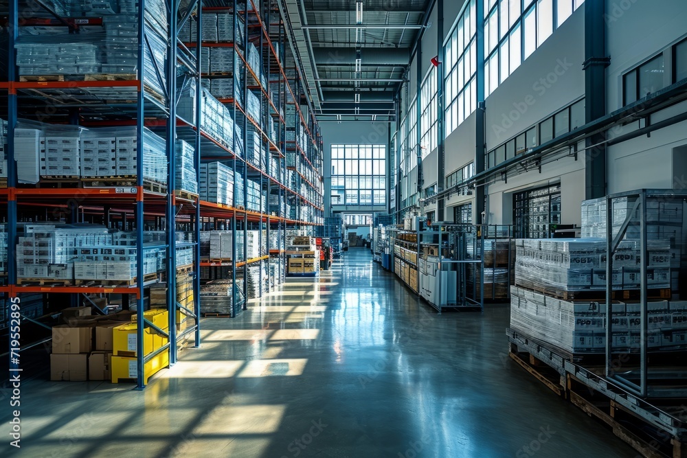 Logistic warehouse interior with high racks. Colorful plastic boxes ...
