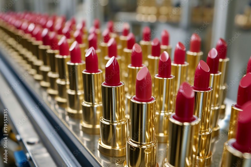 Vivid red lipsticks on golden casings stand out on a production ...