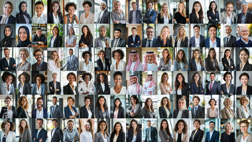 Many Headshots of a smiling business men and women of all ages, all ...