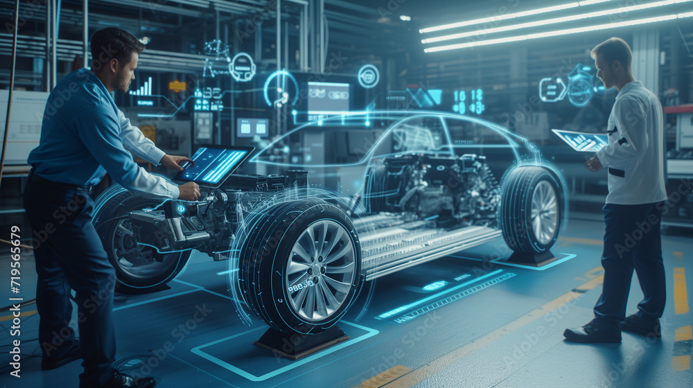 Professional man Engineers interacts with Black Holographic 3D Concept ...