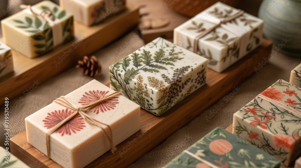 Artisanal soap packaging front view, with hand-drawn botanical ...