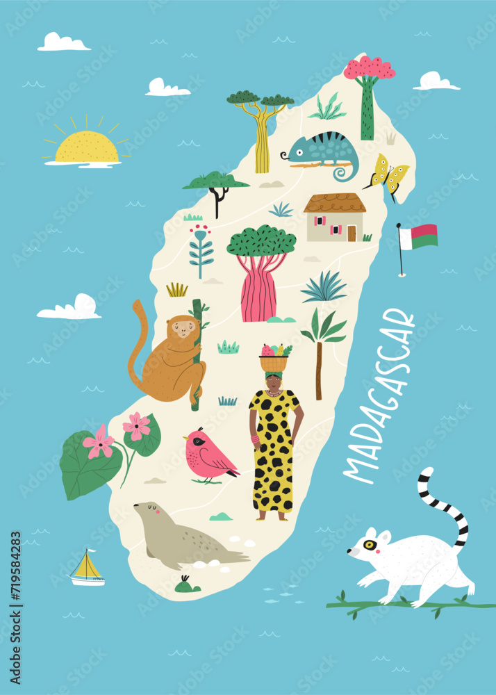 Vector stylized illustrated map of Madagascar island with famous ...