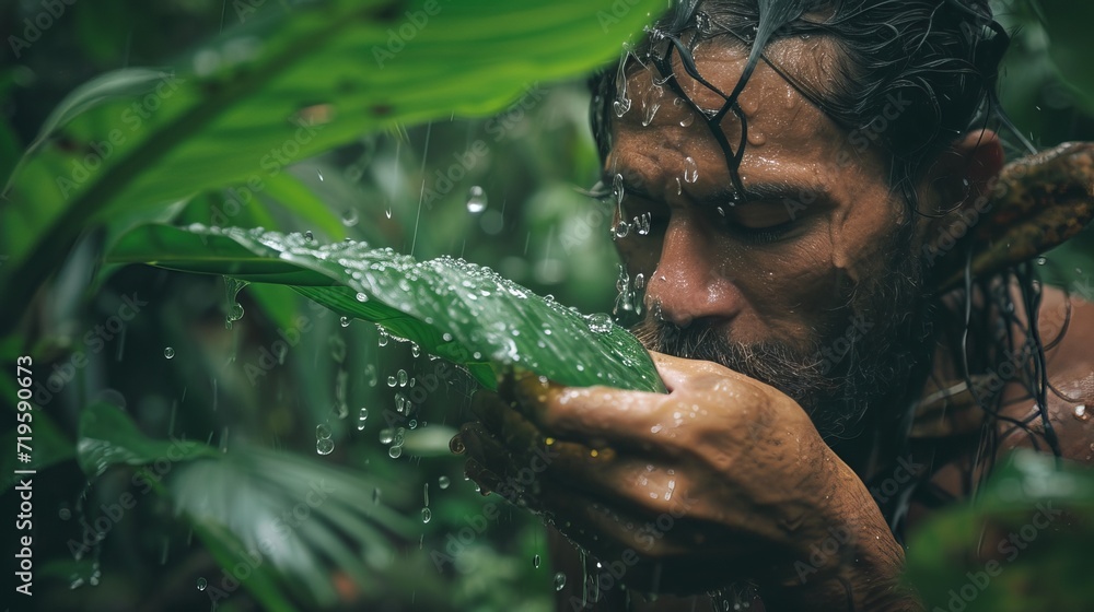 Survival - man drinking rain water from leaf in rainforest jungle ...