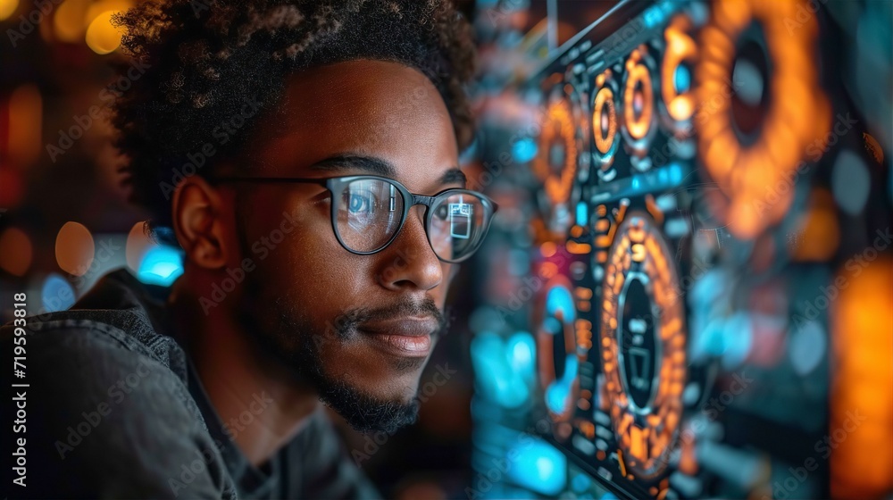 Professional man looking on digital screen with light indicators ...