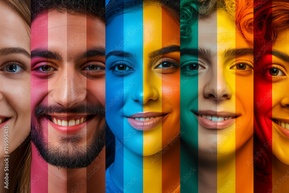 Rainbow collage of multiracial smiling young piple over colorful ...