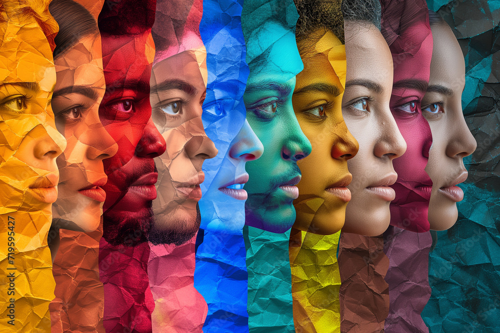 Rainbow collage of multiracial smiling young piple over colorful ...