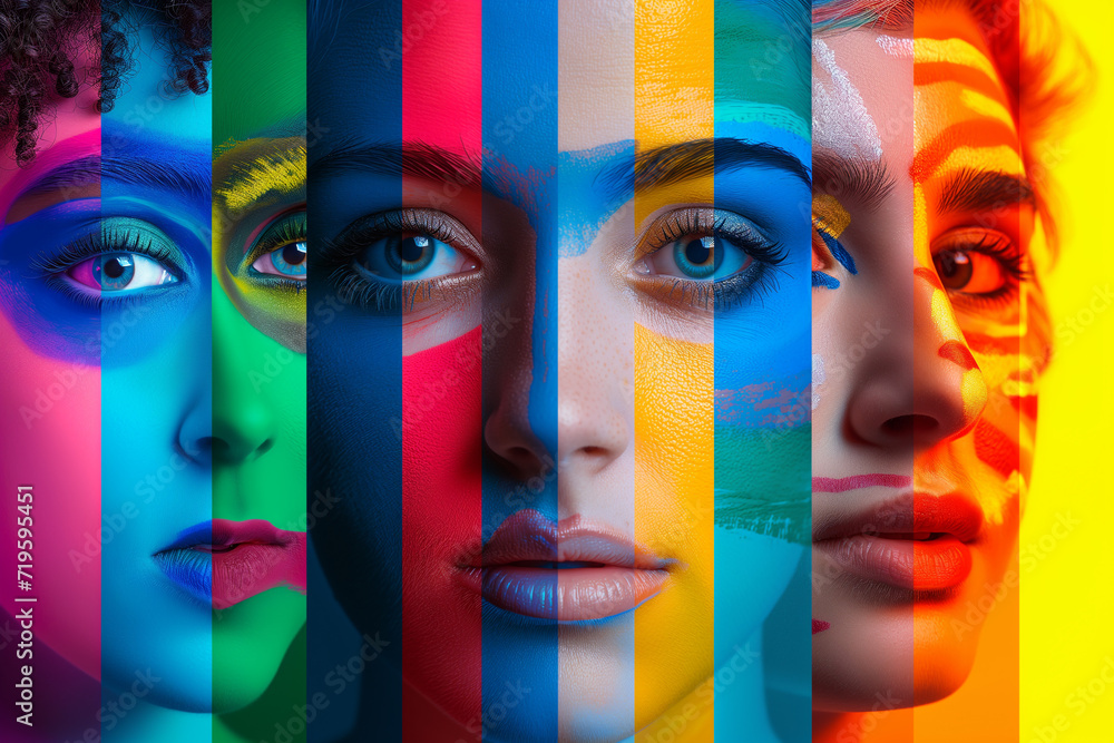 Rainbow collage of multiracial smiling young piple over colorful ...