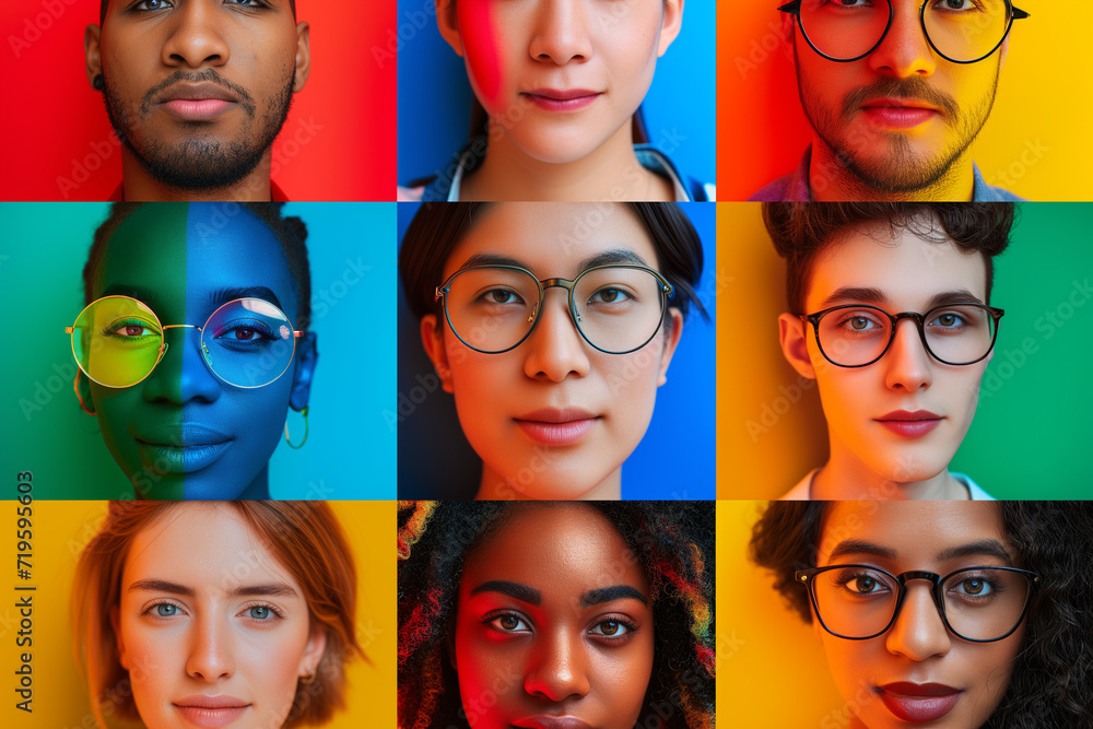 Rainbow collage of multiracial smiling young piple over colorful ...