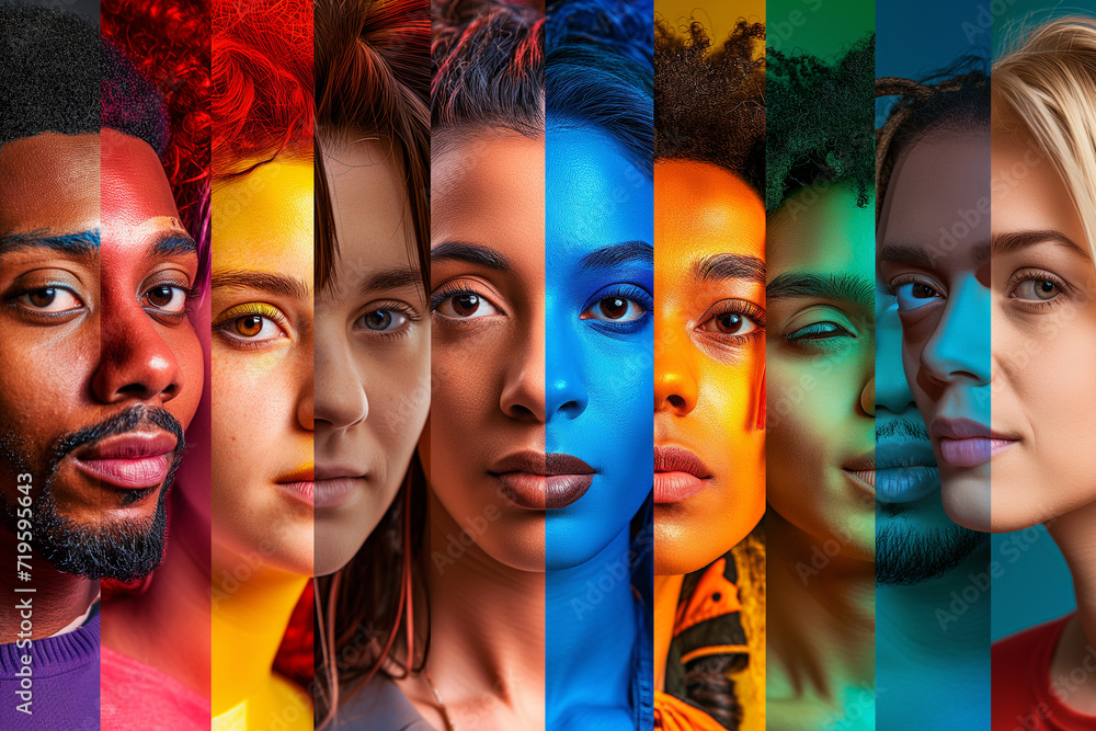 Rainbow collage of multiracial smiling young piple over colorful ... Rainbow collage of multiracial smiling young piple over colorful ...