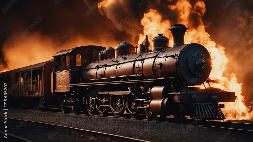 steam train in the woods A burning retro train, on fire, flames, that ...