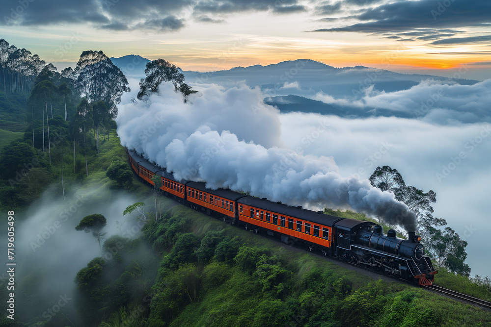 Old steam train with lot of smoke going from his chimney. railroad on ...