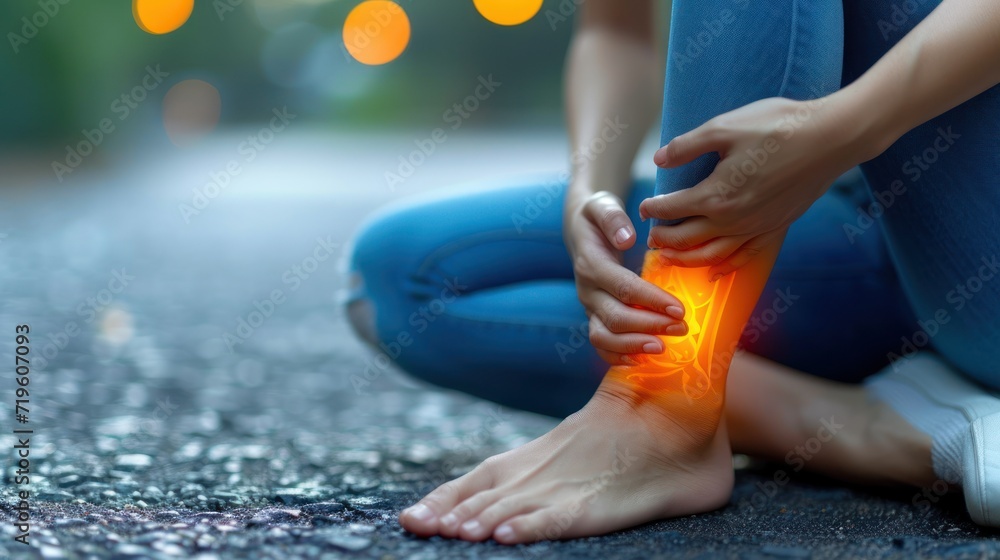 a woman sitting on the ground holding her foot with a glowing object in ...