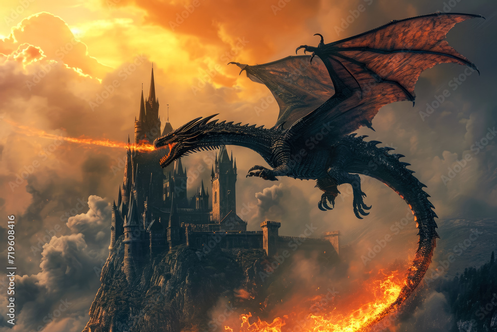 majestic dragon soaring over a medieval castle, breathing fire on the ...