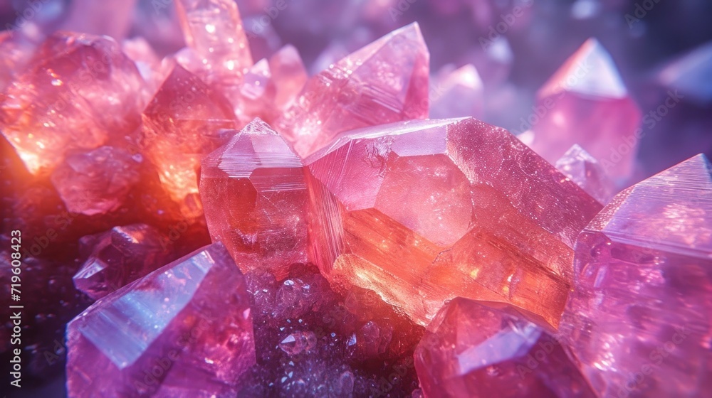 a close up of a bunch of pink and yellow crystals on a black background ...