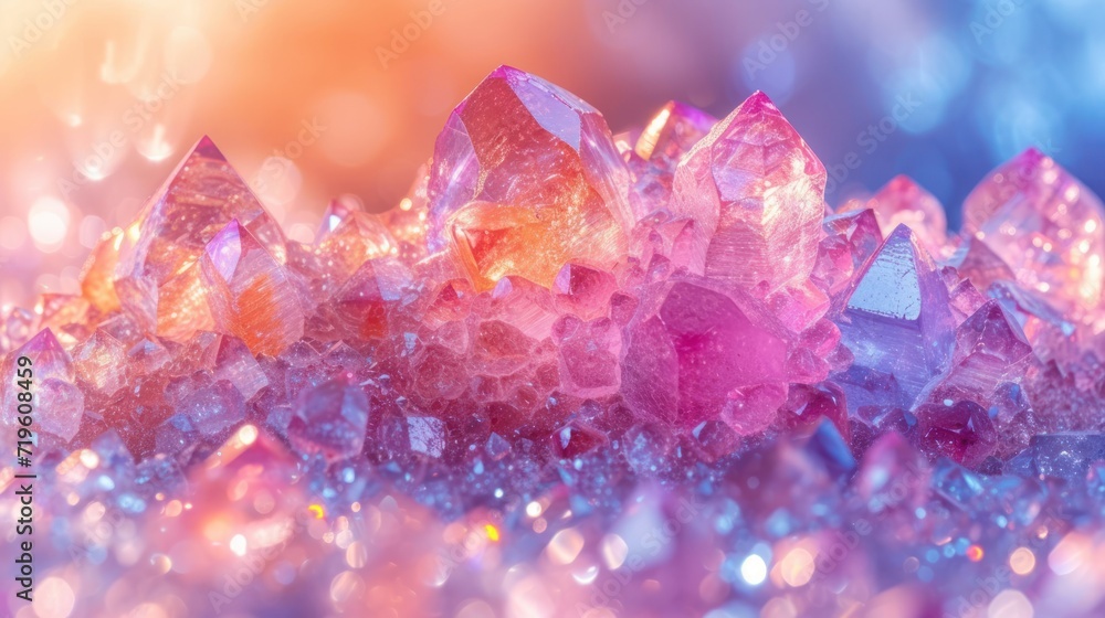 a pile of pink and purple crystals on top of a blue and pink background ...