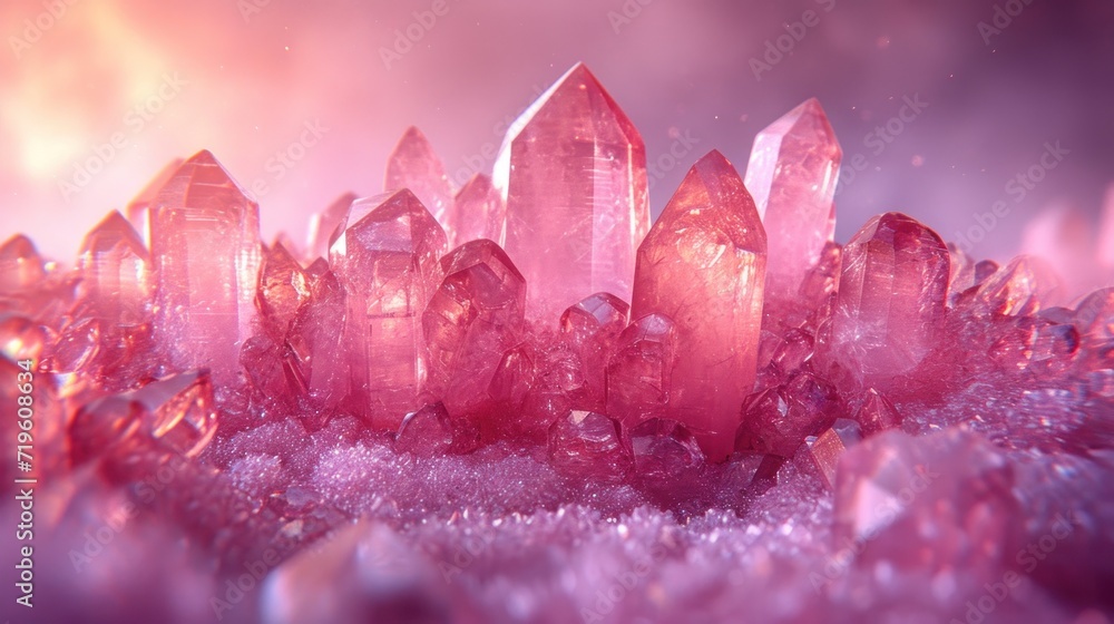 a group of pink crystals sitting on top of a pile of ice flakes on top ...