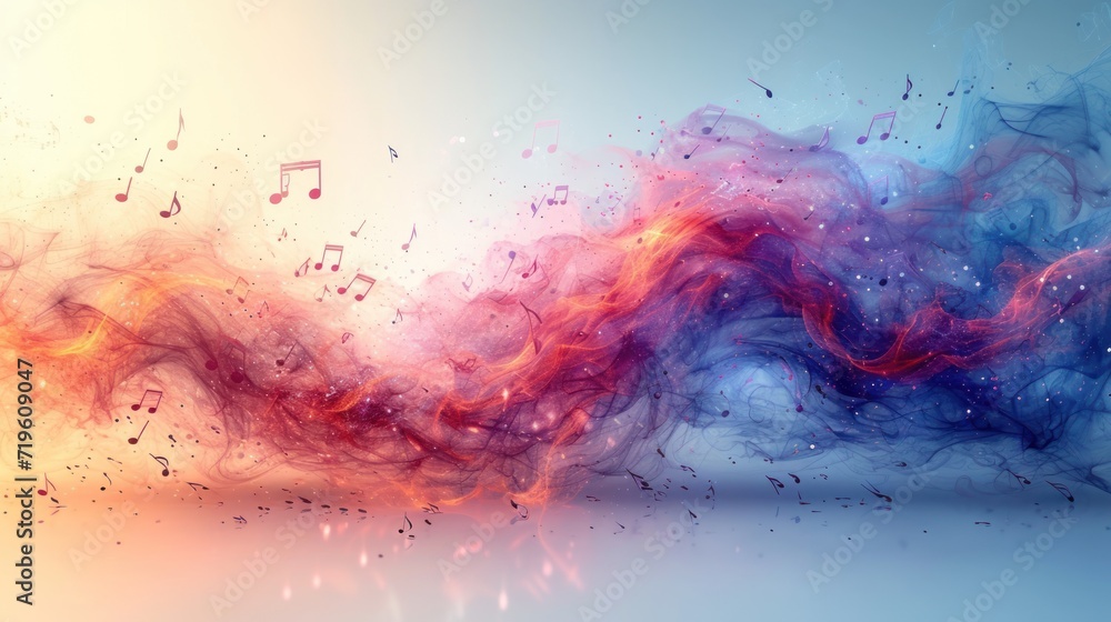 colorful smoke and music notes on a white and blue background with a ...