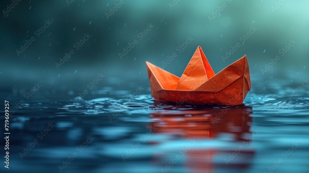 an orange origami boat floating on top of a body of water with drops of ...