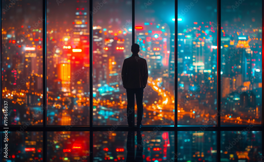 Person standing at window of the modern city at night. A man is ...