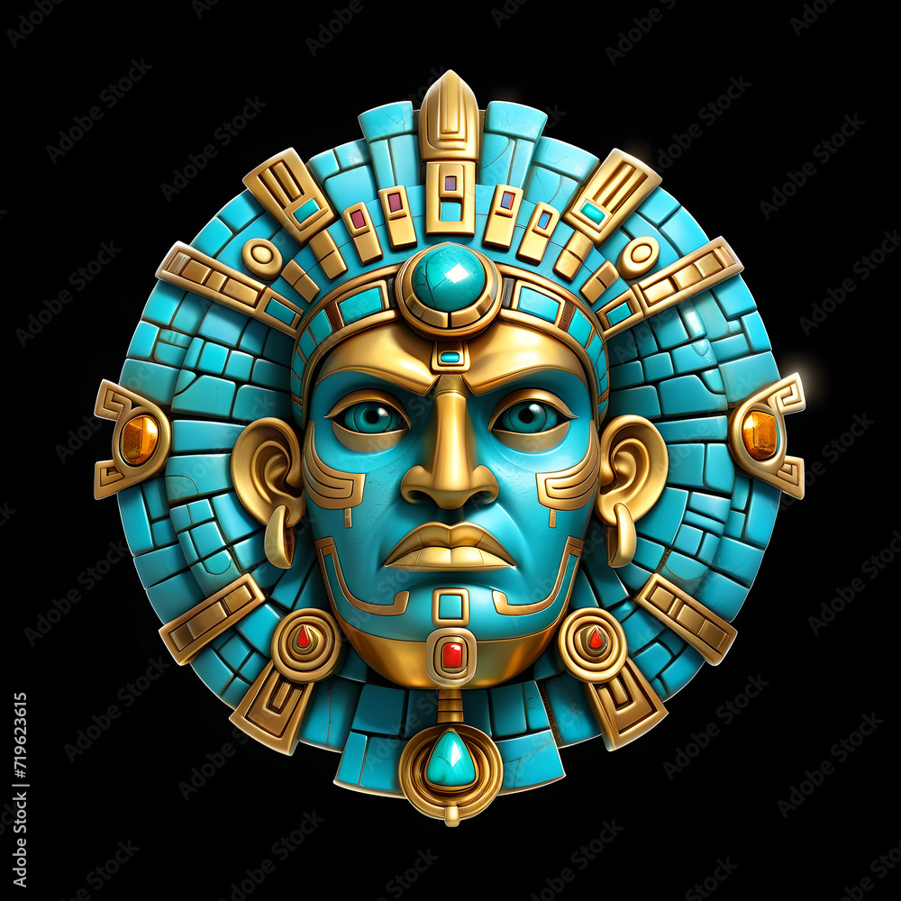 A gold Inca Mayan Aztec god head metal emblem. 3D style artifact metal ...