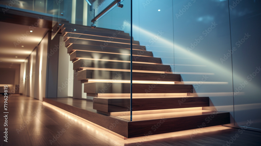 A minimalist wooden staircase with glass balustrades, LED lighting ...