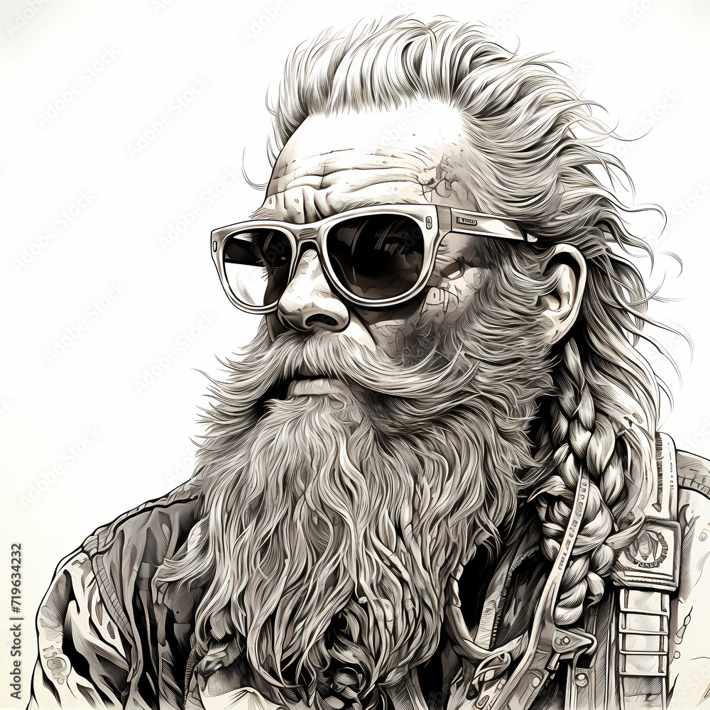 Rocker Man with beard and mustache, tribal tattoo. Hand drawn black ink ...