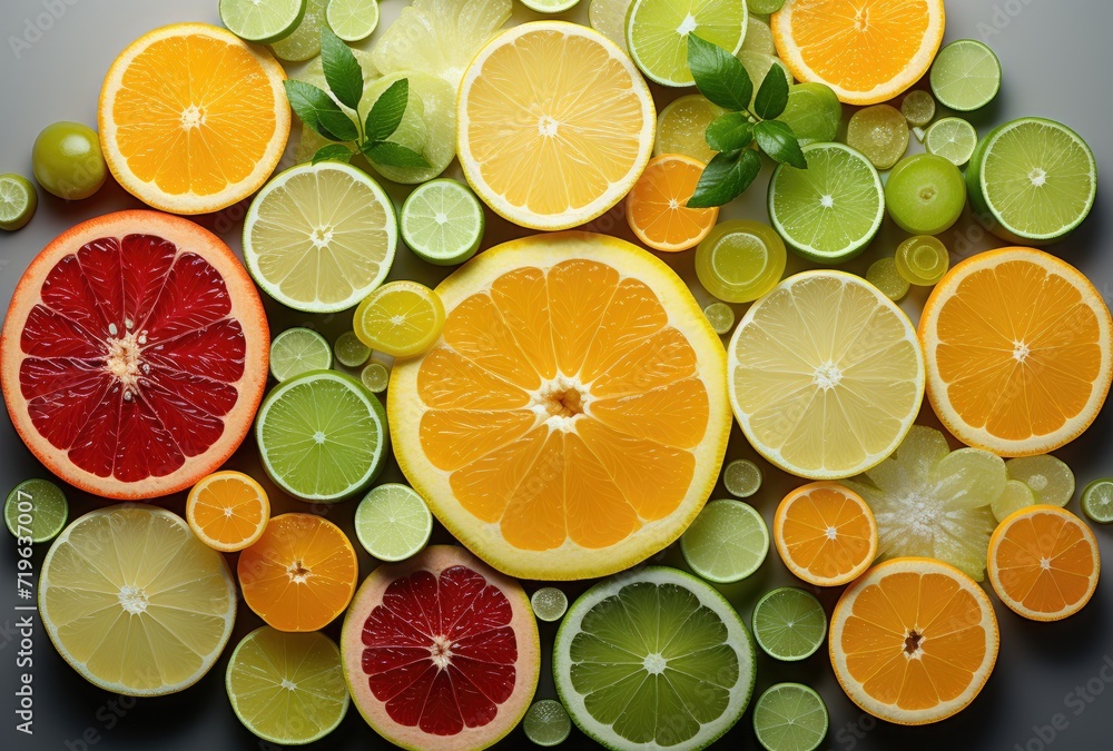 A vibrant display of hand-cut citrus fruits, bursting with tangy ...