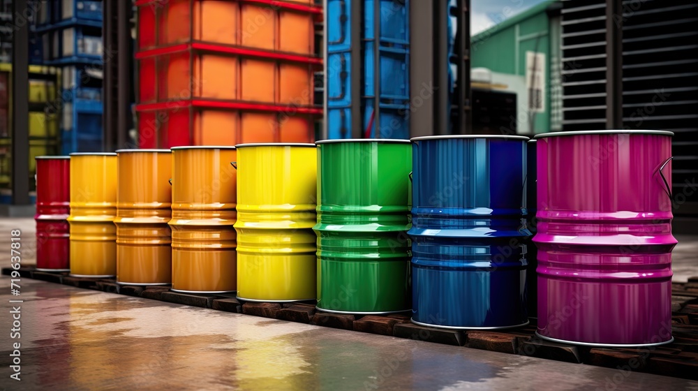 Metal barrels in a spectrum of colors, showcasing the industrial ...