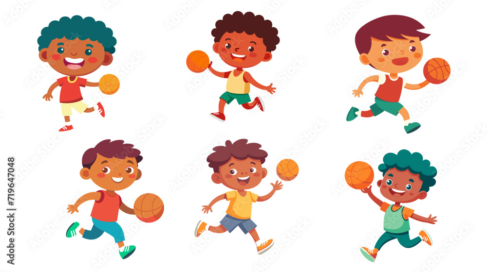 Set of happy cartoon kids playing basketball in various poses and ...