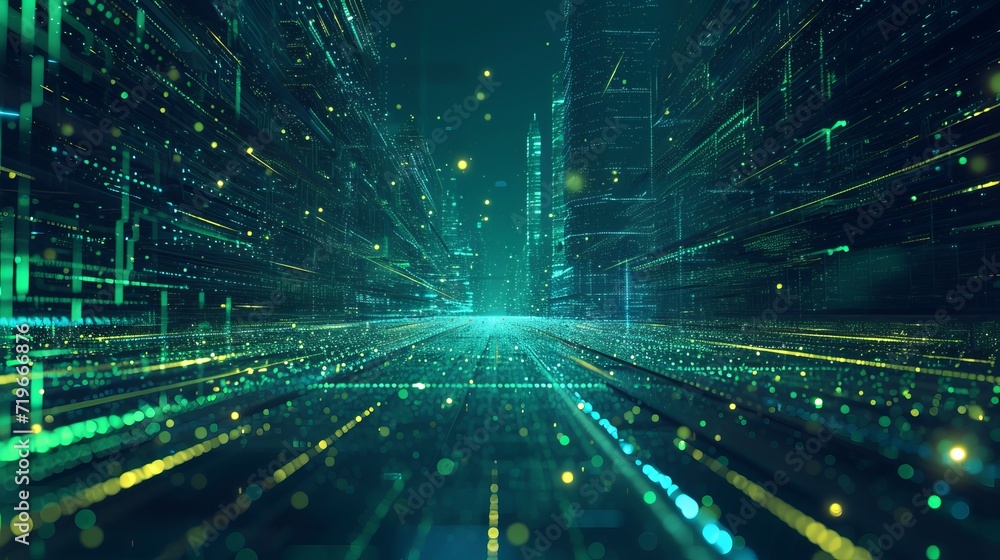 Digital technology metaverse neon blue green background, cyber ...