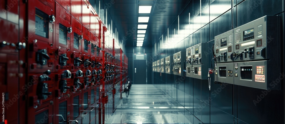 Red Electrical switch gear and circuit breakers are usually securely ...