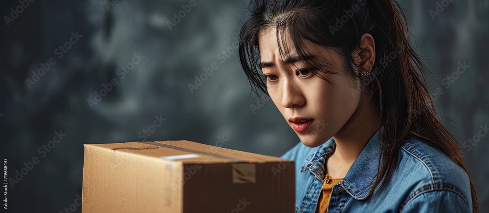 Shocked sad woman received parcel with wrong or damages items holding ...