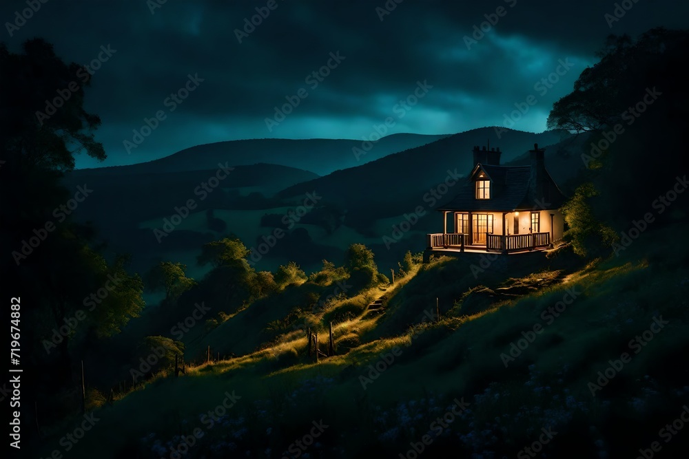 Nightfall over a cottage on top of a majestically beautiful hill, where ...