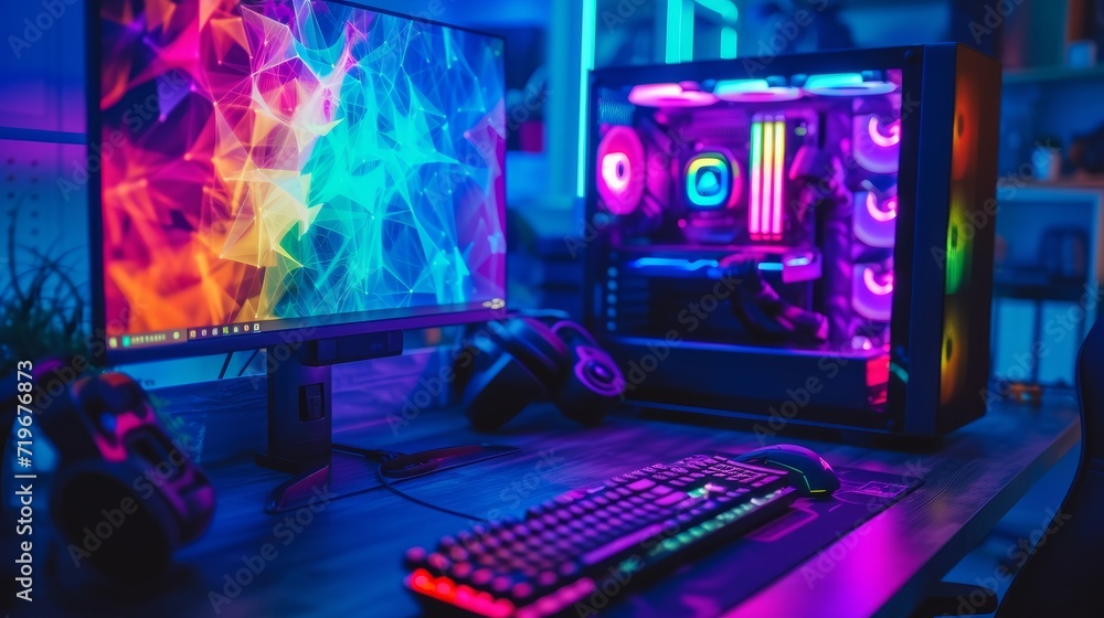 Water Cooled Gaming Pc with RGB rainbow LED lighting. Modern gaming ...