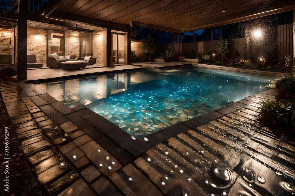 Raindrops creating ripples on a townhouse swimming pool, juxtaposed ...
