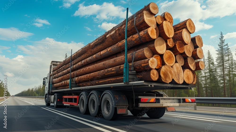 back view of long heavy industrial wood carrier cargo vessel truck ...